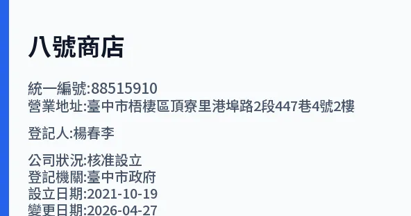 八號商店的照片-統編 88515910(臺中市) 公司登記資料與營業項目詳細圖表