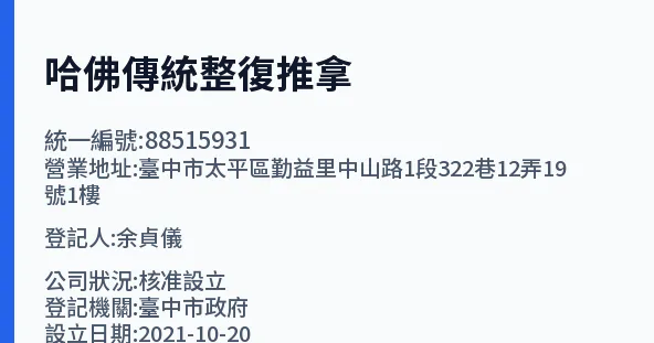 哈佛傳統整復推拿的照片-統編 88515931(臺中市) 公司登記資料與營業項目詳細圖表