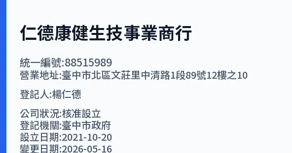 仁德康健生技事業商行的照片-統編 88515989(臺中市) 公司登記資料與營業項目詳細圖表