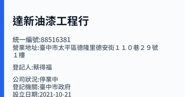 達新油漆工程行的照片-統編 88516381(臺中市) 公司登記資料與營業項目詳細圖表