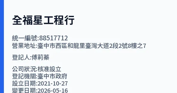 全福星工程行的照片-統編 88517712(臺中市) 公司登記資料與營業項目詳細圖表