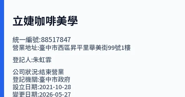 立婕咖啡美學的照片-統編 88517847(臺中市) 公司登記資料與營業項目詳細圖表