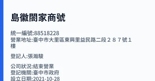 島徽閤家商號的照片-統編 88518228(臺中市) 公司登記資料與營業項目詳細圖表