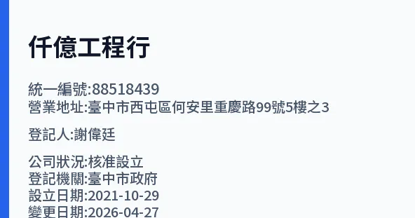 仟億工程行的照片-統編 88518439(臺中市) 公司登記資料與營業項目詳細圖表