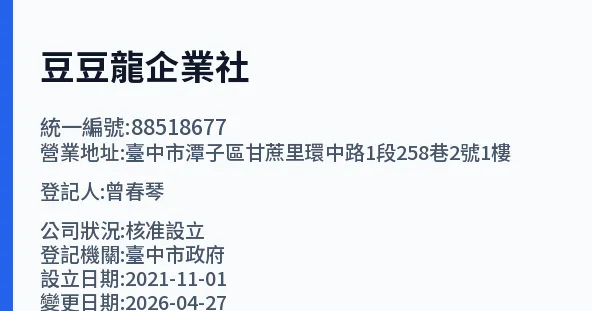 豆豆龍企業社的照片-統編 88518677(臺中市) 公司登記資料與營業項目詳細圖表