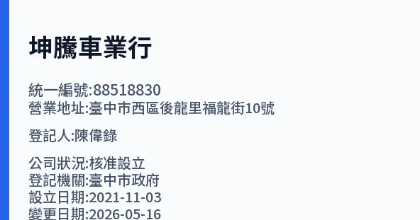 坤騰車業行的照片-統編 88518830(臺中市) 公司登記資料與營業項目詳細圖表