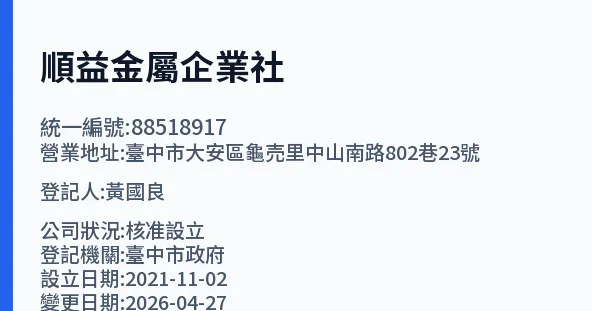 順益金屬企業社的照片-統編 88518917(臺中市) 公司登記資料與營業項目詳細圖表