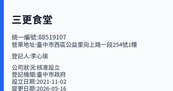 三更食堂的照片-統編 88519107(臺中市) 公司登記資料與營業項目詳細圖表