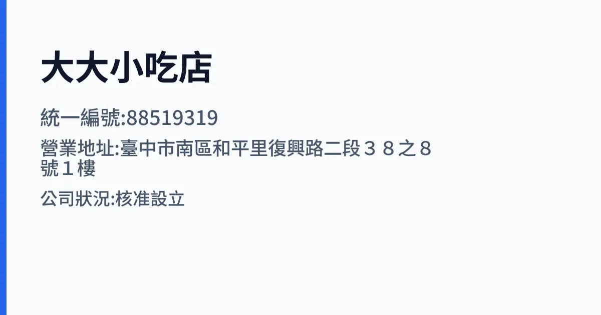 大大小吃店 - 統編 88519319(臺中市) 公司登記資料與營業項目詳細圖表