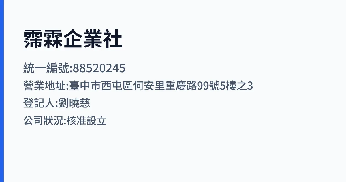 霈霖企業社 - 統編 88520245（臺中市） 公司登記資料與營業項目詳細圖表