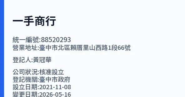 一手商行的照片-統編 88520293(臺中市) 公司登記資料與營業項目詳細圖表