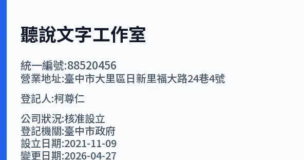 聽說文字工作室的照片-統編 88520456(臺中市) 公司登記資料與營業項目詳細圖表