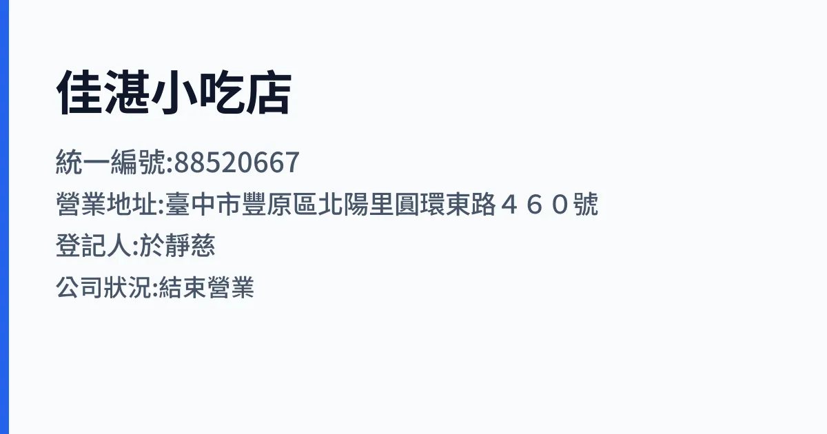 佳湛小吃店 - 統編 88520667(臺中市) 公司登記資料與營業項目詳細圖表