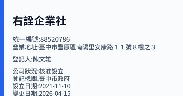 右詮企業社的照片-統編 88520786(臺中市) 公司登記資料與營業項目詳細圖表