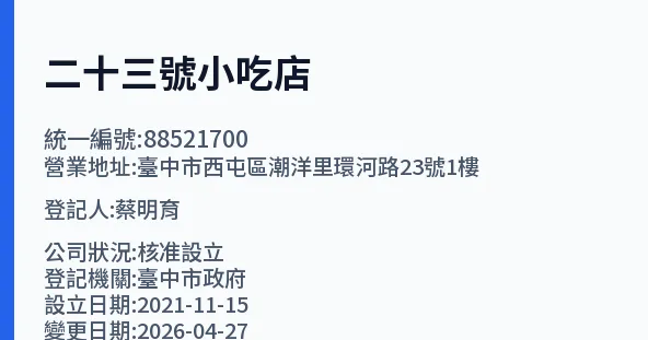 二十三號小吃店的照片-統編 88521700(臺中市) 公司登記資料與營業項目詳細圖表