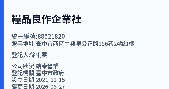糧品良作企業社的照片-統編 88521820(臺中市) 公司登記資料與營業項目詳細圖表