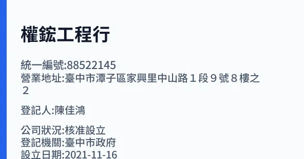 權鋐工程行的照片-統編 88522145(臺中市) 公司登記資料與營業項目詳細圖表