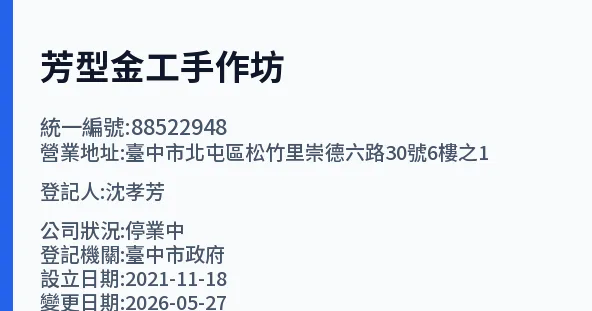 芳型金工手作坊的照片-統編 88522948(臺中市) 公司登記資料與營業項目詳細圖表
