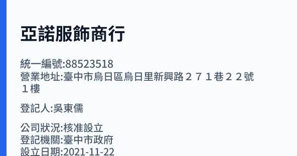亞諾服飾商行的照片-統編 88523518(臺中市) 公司登記資料與營業項目詳細圖表