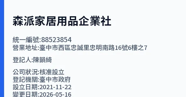 森派家居用品企業社的照片-統編 88523854(臺中市) 公司登記資料與營業項目詳細圖表