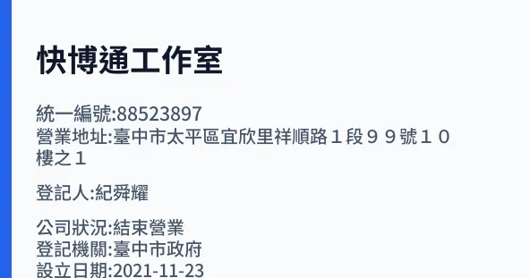 快博通工作室的照片-統編 88523897(臺中市) 公司登記資料與營業項目詳細圖表