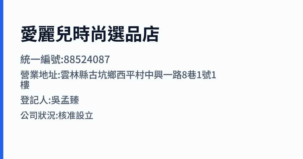愛麗兒時尚選品店 - 統編 88524087(雲林縣) 公司登記資料與營業項目詳細圖表