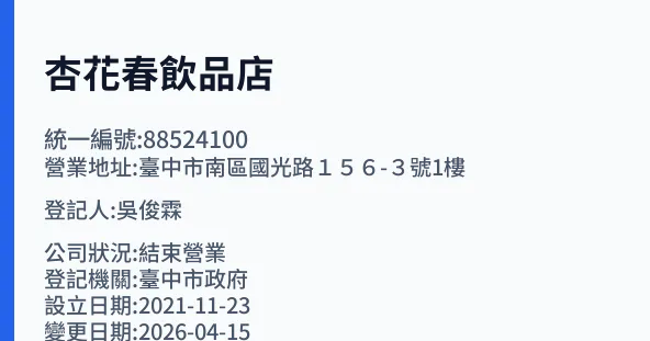 杏花春飲品店的照片-統編 88524100(臺中市) 公司登記資料與營業項目詳細圖表