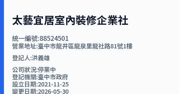 太藝宜居室內裝修企業社的照片-統編 88524501(臺中市) 公司登記資料與營業項目詳細圖表