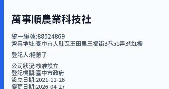 萬事順農業科技社的照片-統編 88524869(臺中市) 公司登記資料與營業項目詳細圖表