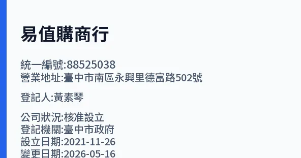 易值購商行的照片-統編 88525038(臺中市) 公司登記資料與營業項目詳細圖表