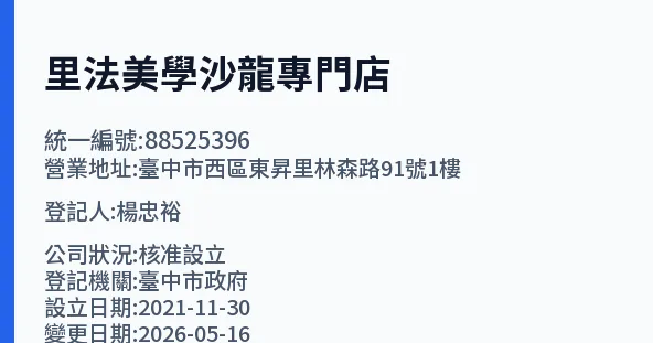 里法美學沙龍專門店的照片-統編 88525396(臺中市) 公司登記資料與營業項目詳細圖表
