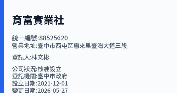 育富實業社的照片-統編 88525620(臺中市) 公司登記資料與營業項目詳細圖表
