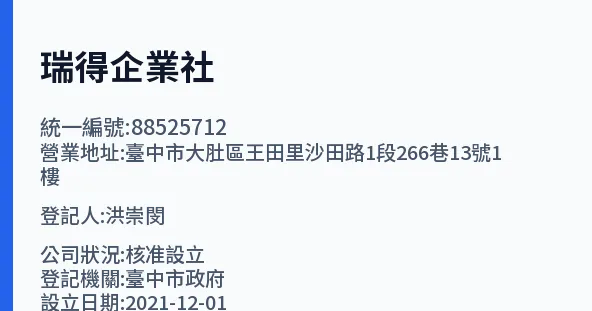 瑞得企業社的照片-統編 88525712(臺中市) 公司登記資料與營業項目詳細圖表