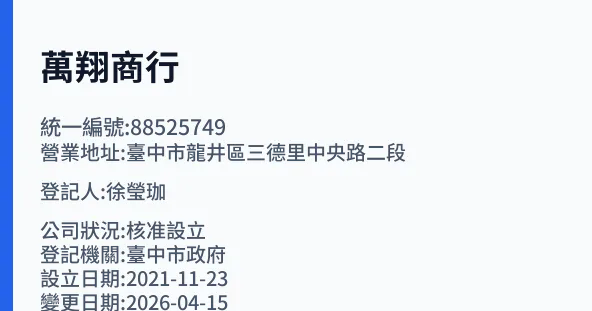 萬翔商行的照片-統編 88525749(臺中市) 公司登記資料與營業項目詳細圖表