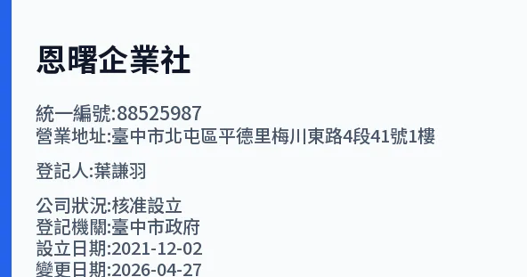 恩曙企業社的照片-統編 88525987(臺中市) 公司登記資料與營業項目詳細圖表