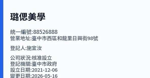 璐偲美學的照片-統編 88526888(臺中市) 公司登記資料與營業項目詳細圖表