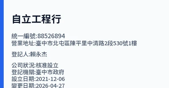 自立工程行的照片-統編 88526894(臺中市) 公司登記資料與營業項目詳細圖表