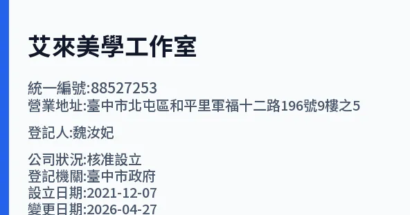 艾來美學工作室的照片-統編 88527253(臺中市) 公司登記資料與營業項目詳細圖表