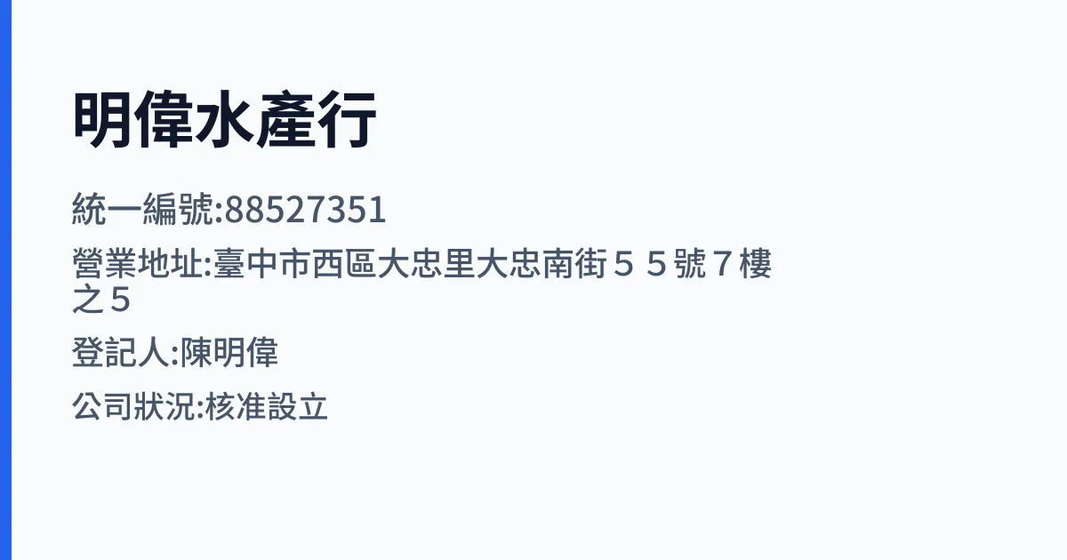 明偉水產行 - 統編 88527351(臺中市) 公司登記資料與營業項目詳細圖表