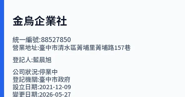 金烏企業社的照片-統編 88527850(臺中市) 公司登記資料與營業項目詳細圖表