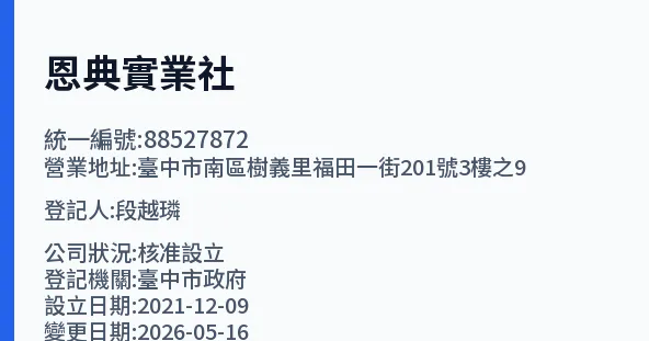 恩典實業社的照片-統編 88527872(臺中市) 公司登記資料與營業項目詳細圖表