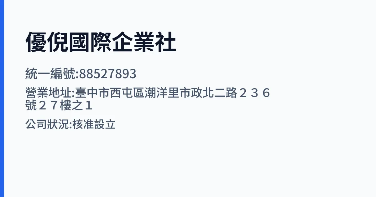 優倪國際企業社 - 統編 88527893(臺中市) 公司登記資料與營業項目詳細圖表