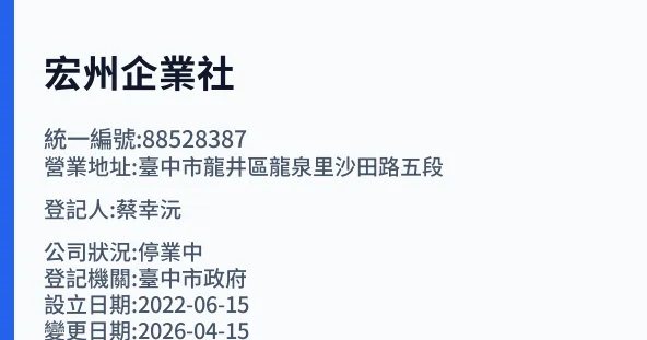 宏州企業社的照片-統編 88528387(臺中市) 公司登記資料與營業項目詳細圖表