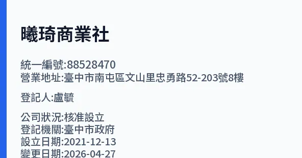 曦琦商業社的照片-統編 88528470(臺中市) 公司登記資料與營業項目詳細圖表