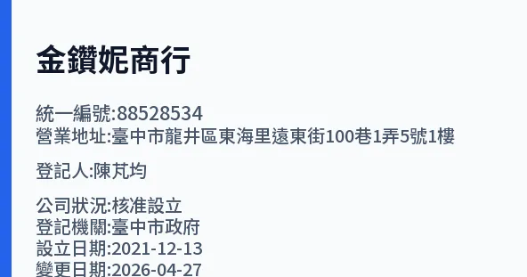 金鑽妮商行的照片-統編 88528534(臺中市) 公司登記資料與營業項目詳細圖表