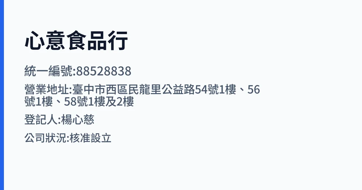 心意食品行 - 統編 88528838(臺中市) 公司登記資料與營業項目詳細圖表