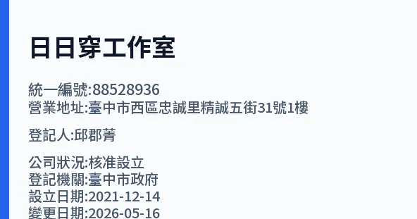 日日穿工作室的照片-統編 88528936(臺中市) 公司登記資料與營業項目詳細圖表