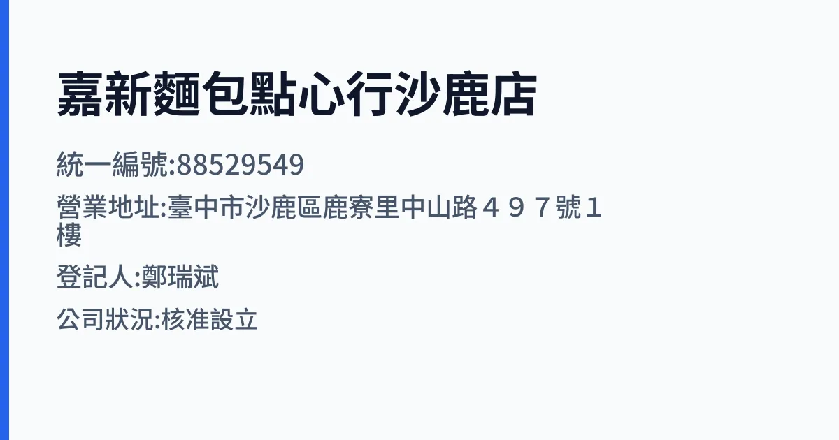 嘉新麵包點心行沙鹿店 - 統編 88529549(臺中市) 公司登記資料與營業項目詳細圖表