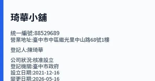 琦華小舖的照片-統編 88529689(臺中市) 公司登記資料與營業項目詳細圖表