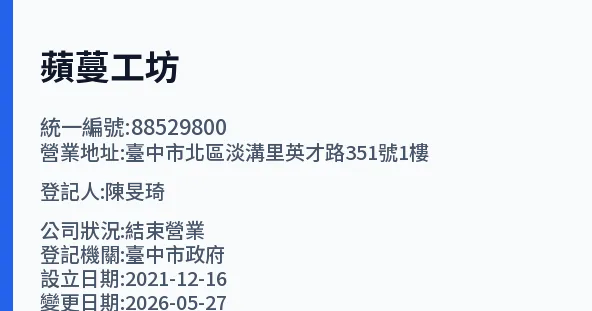 蘋蔓工坊的照片-統編 88529800(臺中市) 公司登記資料與營業項目詳細圖表
